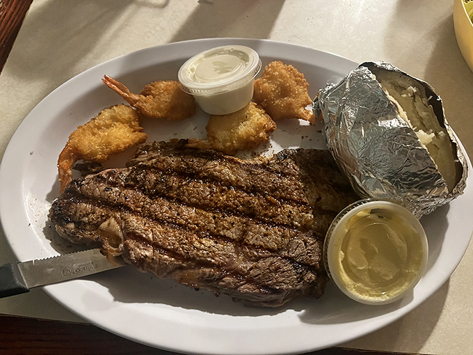 This steak and shrimp combo isn't just dinner&mdash;it's a celebration on a plate. The grill marks alone deserve their own Instagram account.