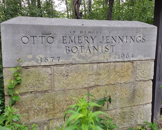 History set in stone: this memorial honors Otto Emery Jennings, the botanist whose foresight helped preserve this unique prairie ecosystem for future generations.