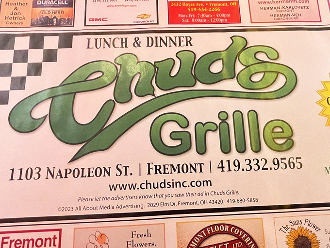 The placemat menu doubles as local advertising, a small-town tradition that's outlasted every food trend from fondue to molecular gastronomy.