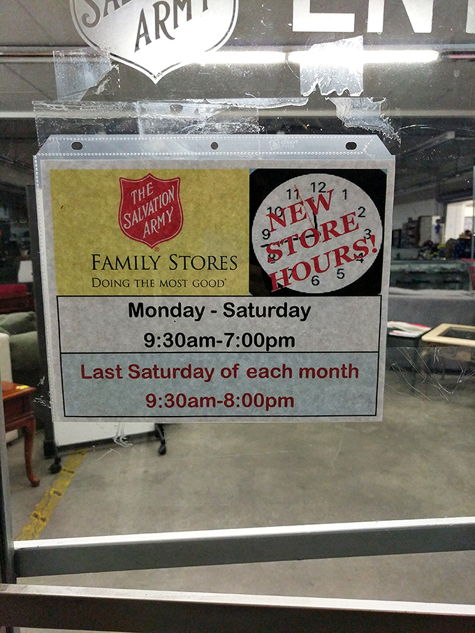 Store hours posted clearly because even the best treasure hunts need proper scheduling and planning.