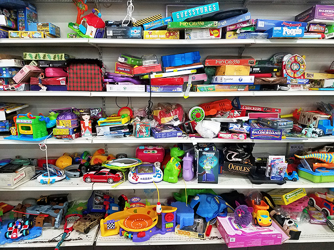 Toy paradise that would make any grandparent the family hero. Why buy new when yesterday's Monopoly boards still have all their hotels?