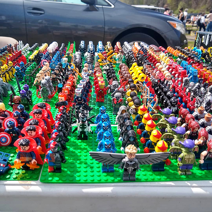 A miniature army of LEGO superheroes stands at attention. This colorful battalion of tiny plastic defenders proves nostalgia comes in all sizes and price points.