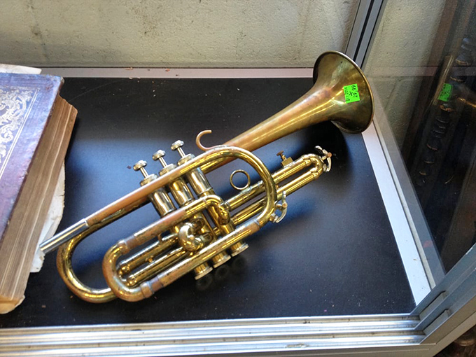 A brass trumpet waits silently for its next performance. For under $20, you could be the next Miles Davis&mdash;or at least sound terrible trying.
