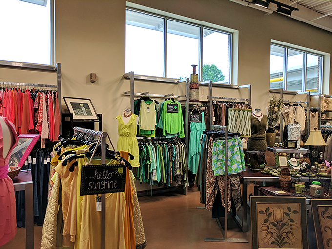 The women's boutique area transforms random donations into curated collections that rival department store displays.