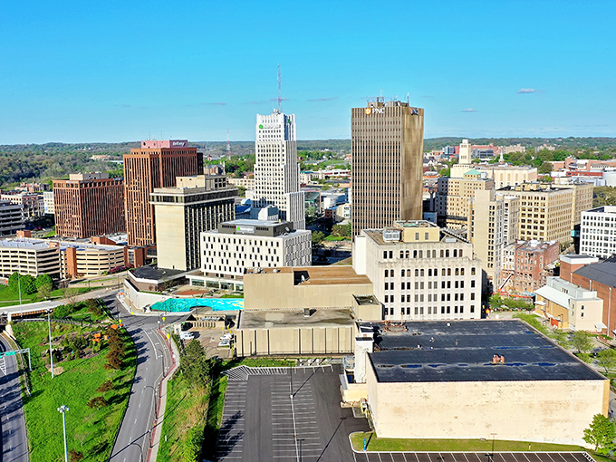 Akron's downtown rises from rolling hills, proving that Rust Belt cities can bloom into beautiful gardens.