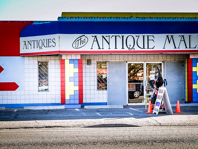 The red, white, and blue exterior celebrates America's antique heritage with patriotic pride and genuine enthusiasm.