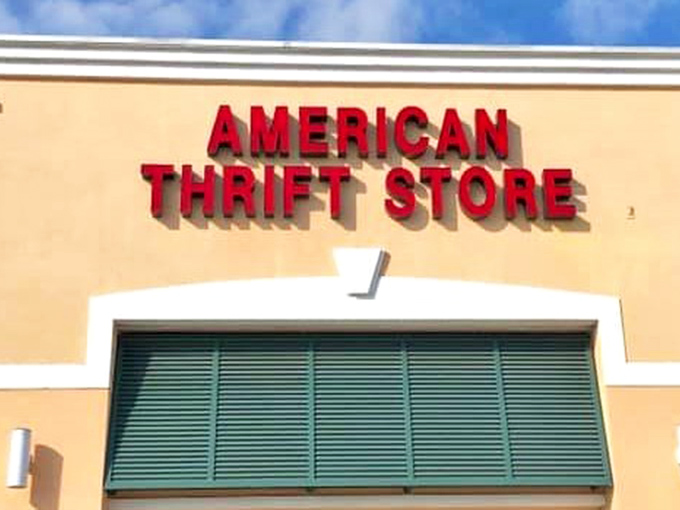 American Thrift's warm peach exterior and bold red lettering invite you into a world of secondhand wonders.