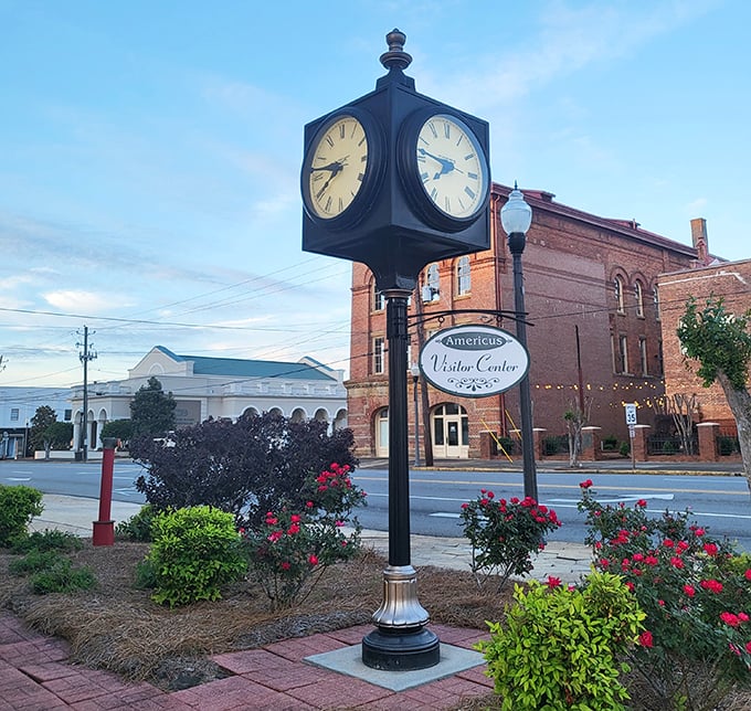 Americus town square features a classic clock tower where time moves slower and stress melts away naturally.