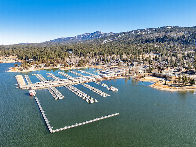 Big Bear's marina bustles with weekend warriors ready to conquer California's alpine playground paradise.