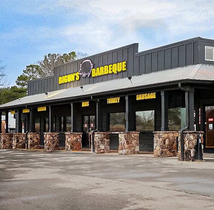 Mountain town barbecue at its finest, where stone columns and rustic charm frame seriously smoky business.