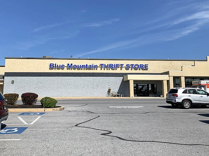 Blue Mountain Thrift Store's bold blue signage pops against its neutral exterior, like a bargain in a bin.