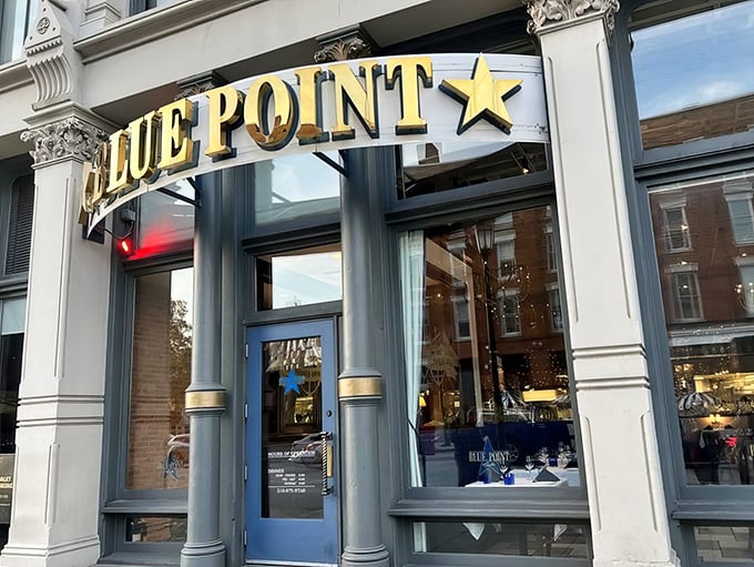 Blue Point Grille's elegant entrance signals you're about to experience seafood that respects tradition while embracing excellence.