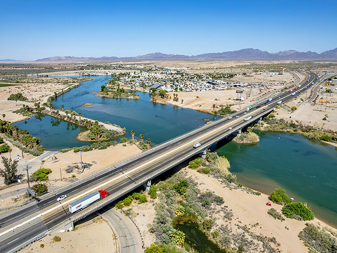 From above, Blythe reveals its riverside location, where desert meets water in affordable retirement harmony.