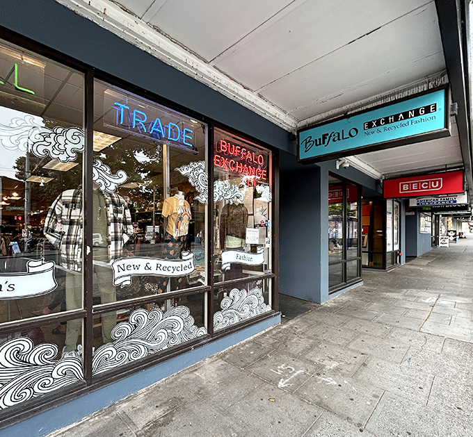 Buffalo Exchange: where vintage meets modern! The artistic window displays showcase secondhand fashion that feels fresh and current.