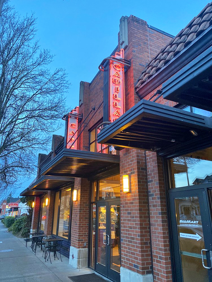 Brick and neon create that perfect diner aesthetic – like stepping into a Norman Rockwell painting.