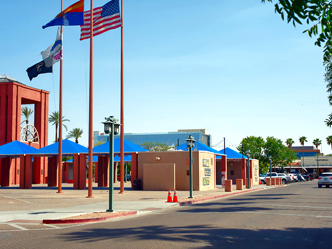 Chandler: Community pride flies high on these flagpoles. The kind of public space where people actually use the benches.