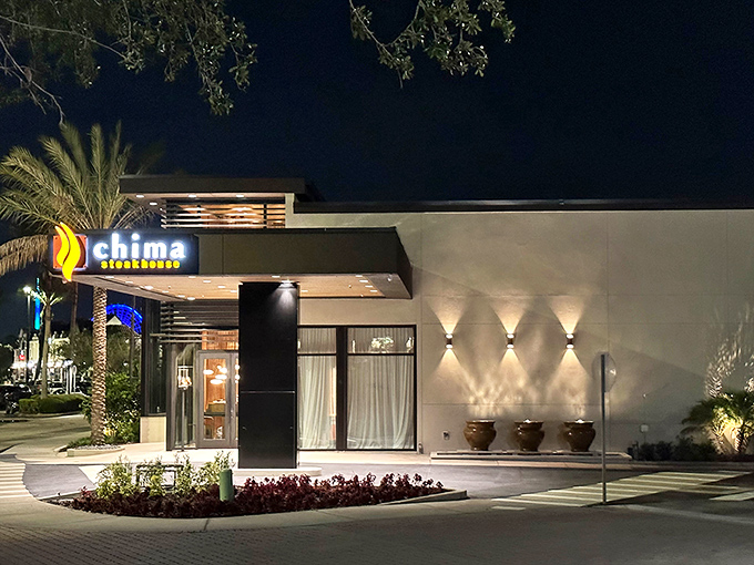 Chima's sleek, modern exterior hints at the Brazilian steakhouse experience that awaits inside.