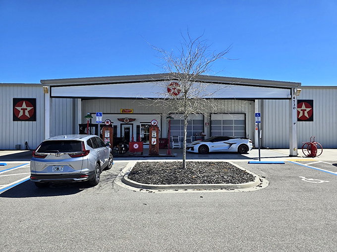 Vintage gas pumps and Texaco stars transport visitors back to when filling up was an experience.