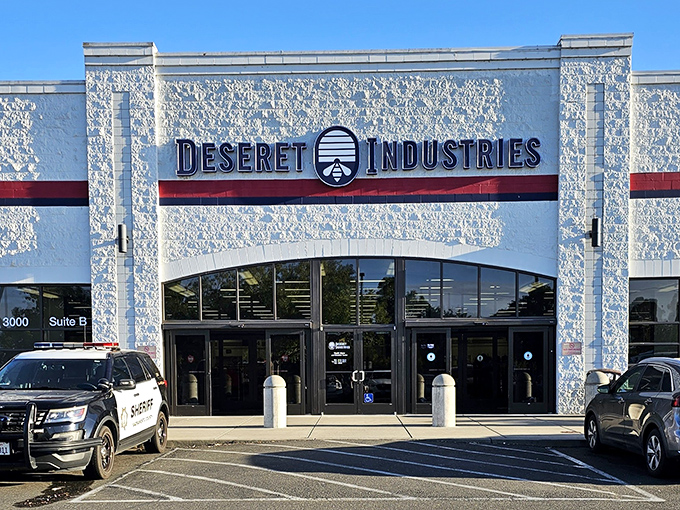 Deseret Industries' impressive facade suggests this isn't your average thrift store - it's a treasure hunting destination.