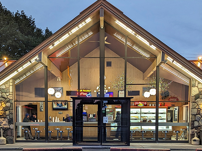 Donutville's distinctive A-frame design is like a cathedral dedicated to the holy art of donut-making.
