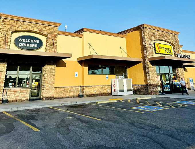 Desert convenience stores embrace southwestern style with stone facades and golden stucco charm.
