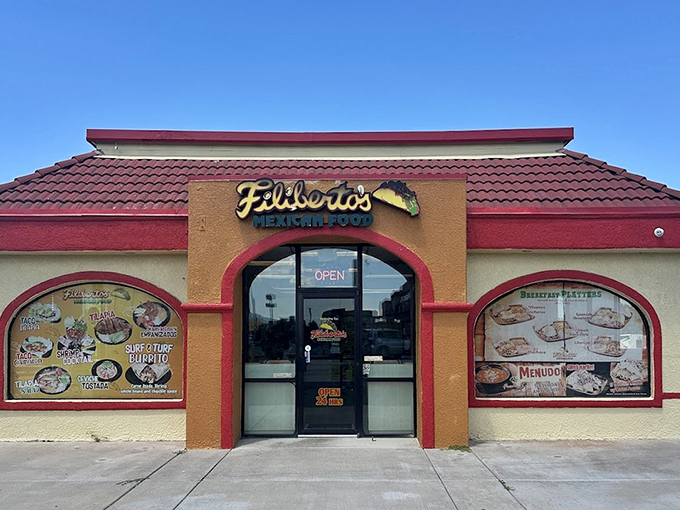 Filiberto's distinctive red roof signals chimichanga salvation ahead. Their 24/7 service means your cravings never go unanswered!