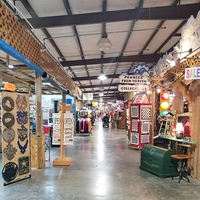 Indoor charm meets treasure hunting as rows of stalls fill the historic space, inviting visitors to browse for hidden gems.