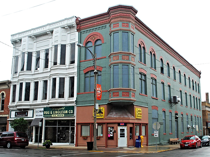 Freeport's architectural odd couple&mdash;white bay windows meet green brick corner&mdash;creating a streetscape more interesting than most buddy comedies on Netflix.