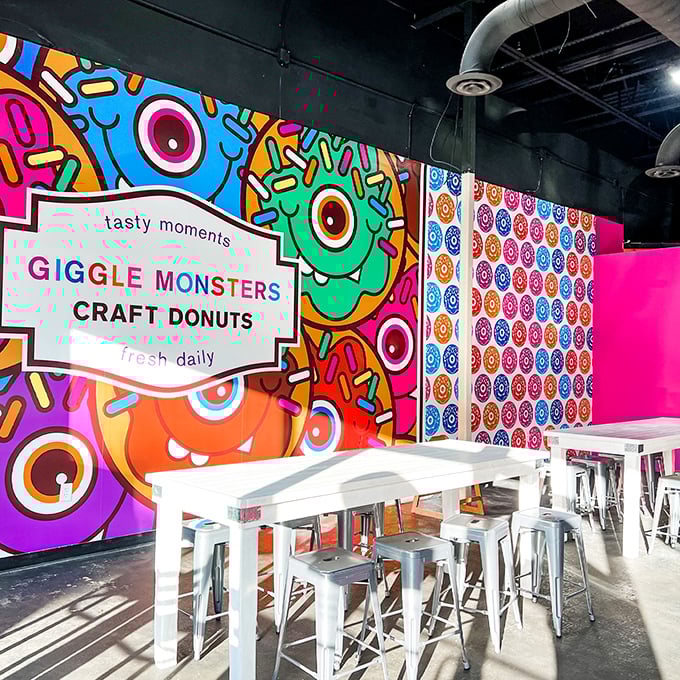 Giggle Monsters' vibrant wall art is a feast for the eyes before the feast for your stomach. Donuts with personality in a space to match!