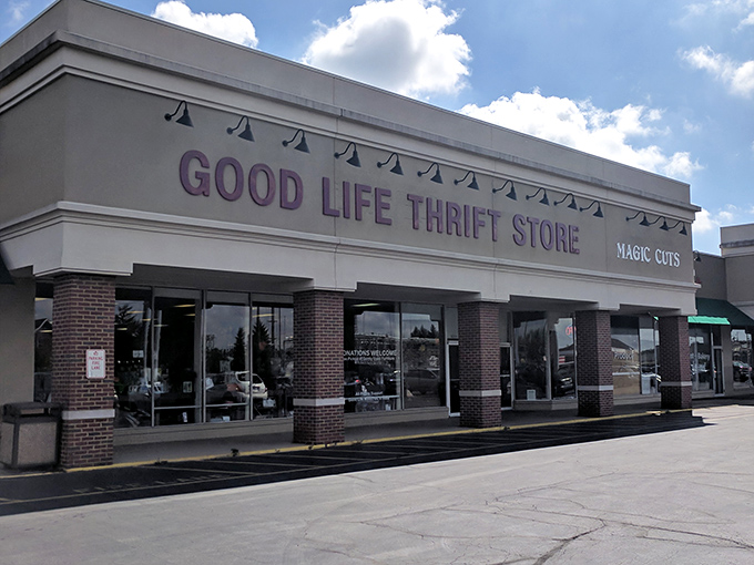 Good Life Thrift Store's understated storefront belies the wonderland of pre-loved treasures waiting just beyond those glass doors.