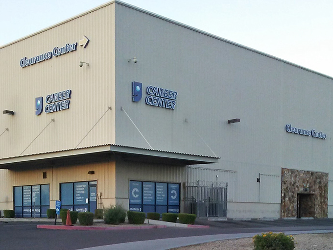 Goodwill Clearance Center's industrial exterior hints at warehouse-style bargains hiding inside those concrete walls.