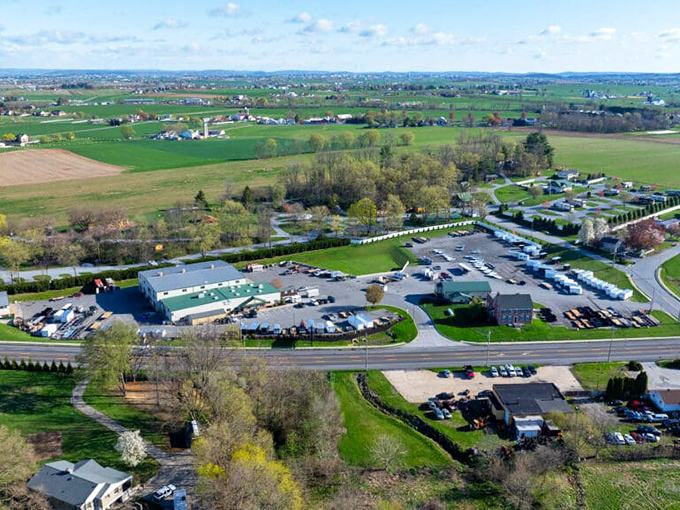 Gordonville's bird's-eye view reveals the delicate dance between commerce and countryside&mdash;where parking lots politely bow to rolling farmland.