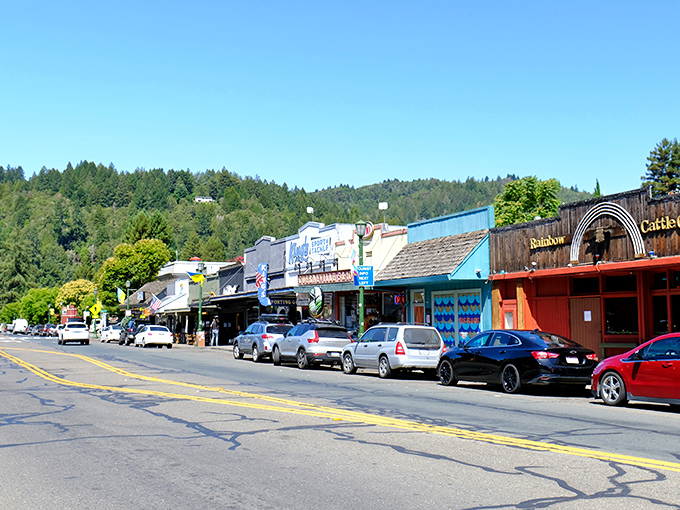 Main Street Guerneville: where redwoods meet river town funk - and everyone's invited to the party. 