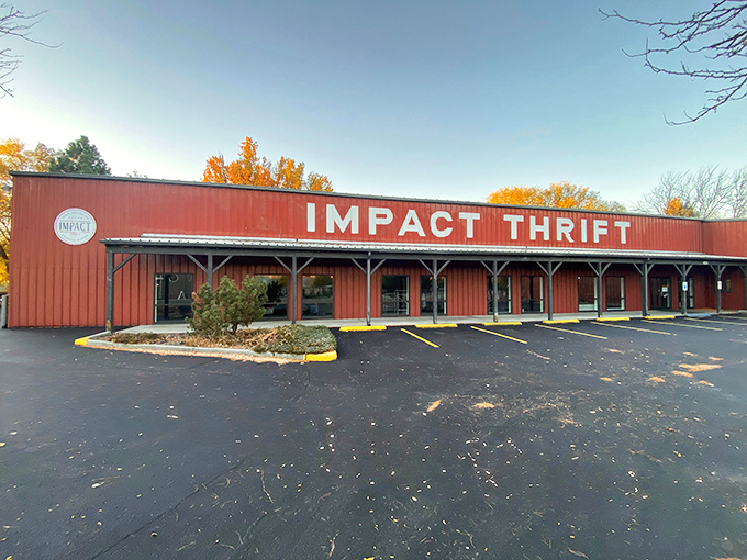 Impact Thrift's rustic red exterior stands out against autumn foliage&mdash;a barn-like treasure trove of secondhand delights.