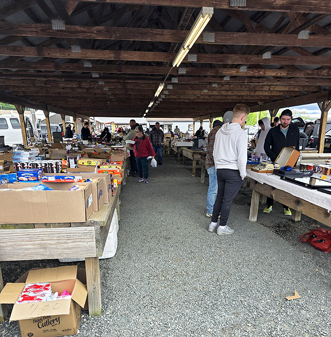 Classic barn-style pavilions shelter tables of treasures in this no-frills approach to serious shopping.