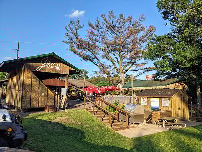 Jake's rustic exterior and outdoor grilling setup scream "authentic Wisconsin experience" louder than a Packers touchdown celebration.