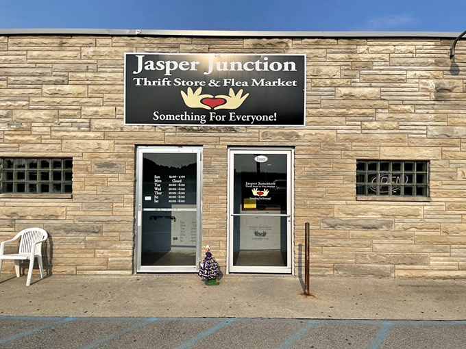 Jasper Junction's stone facade hints at the dual adventure of thrift store and flea market.