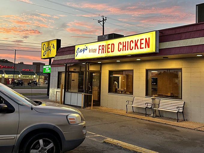 Jay's glowing sign captures the sunset and hungry hearts. That "Krispy" promise isn't just a name&mdash;it's a delicious guarantee!