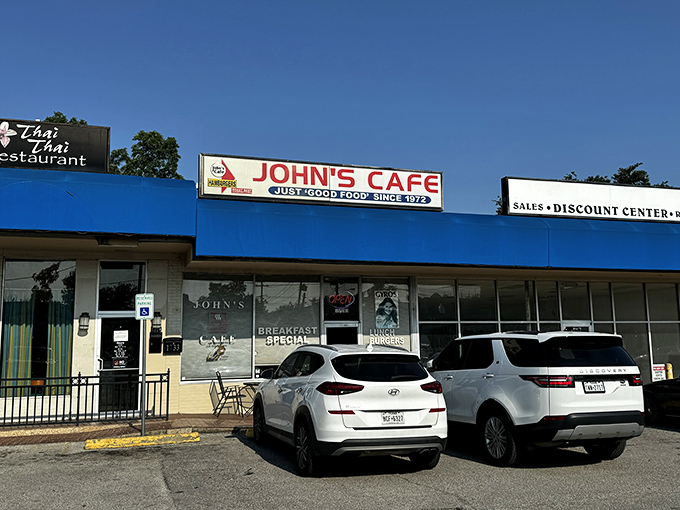 John's Cafe's blue and white storefront has been a Dallas breakfast landmark since disco was king.