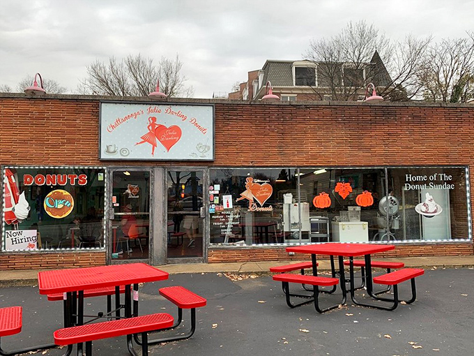 Brick building, red heart, pure happiness - Chattanooga's sweetest spot wears its charm on its sleeve.