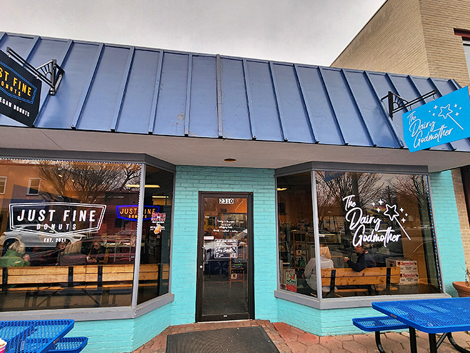 Just Fine Donuts' turquoise facade brings beach vibes to Alexandria's breakfast scene.