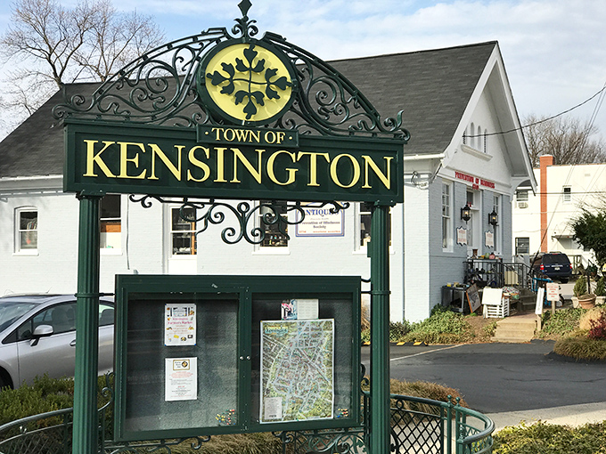 Kensington's charming welcome sign stands sentinel over Antique Row. This gateway promises a small-town adventure with big-time discoveries.