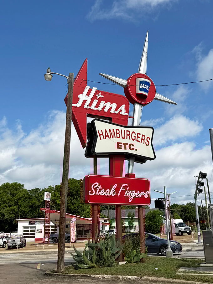 Kim's iconic red arrow sign points the way to burger bliss &ndash; a roadside beacon of deliciousness in Waco.