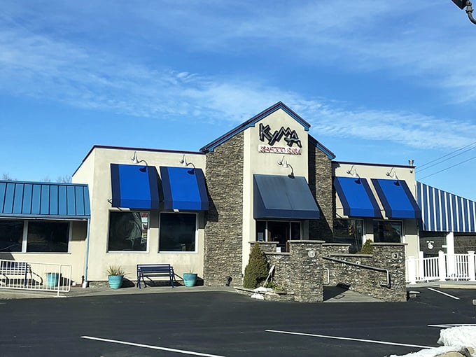 Kyma Seafood's stone and blue accents give this Lancaster County restaurant a distinctly Mediterranean coastal feel.