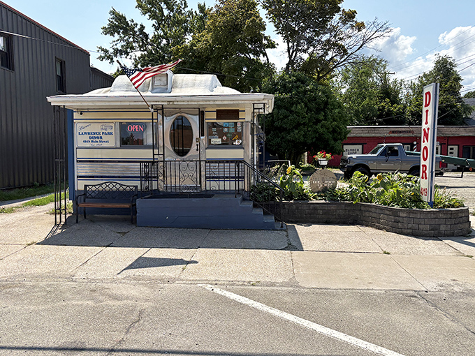 Tiny but mighty! This pint-sized "dinor" proves great things come in small packages. The garden adds homegrown charm.