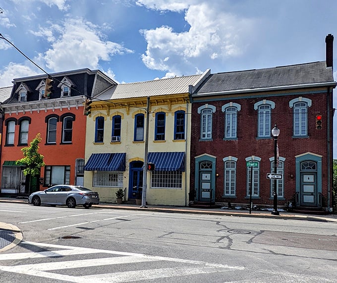 Lewisburg's colorful row of buildings stands like a box of crayons against the sky—history with a playful paint job.