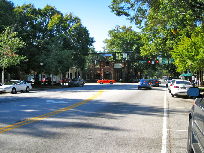Tree-canopied streets create natural tunnels of shade where time moves at front porch speed.