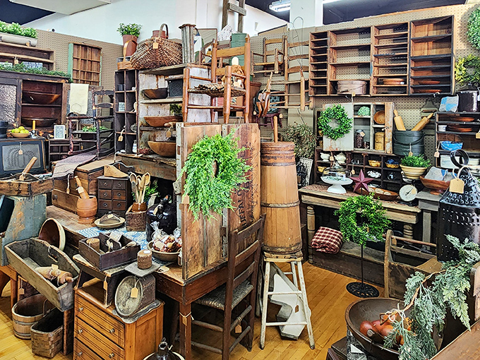Wooden shelves stacked with vintage treasures create a wonderfully organized chaos&mdash;like grandma's kitchen if she collected everything.