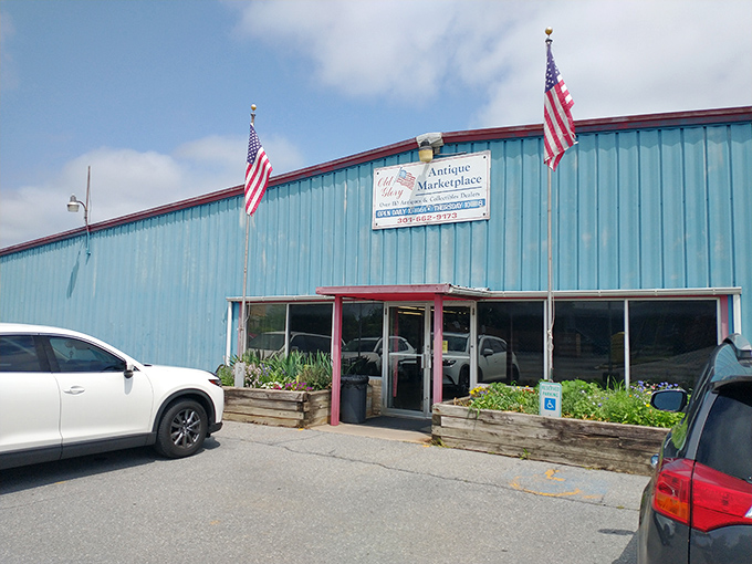 That bright blue exterior with patriotic flags perfectly captures the All-American spirit of antique hunting.