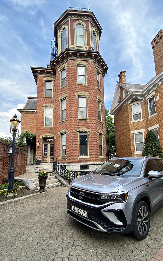 The tower of Schwartz Castle commands attention in Columbus, proving urban castles have their own unique charm.